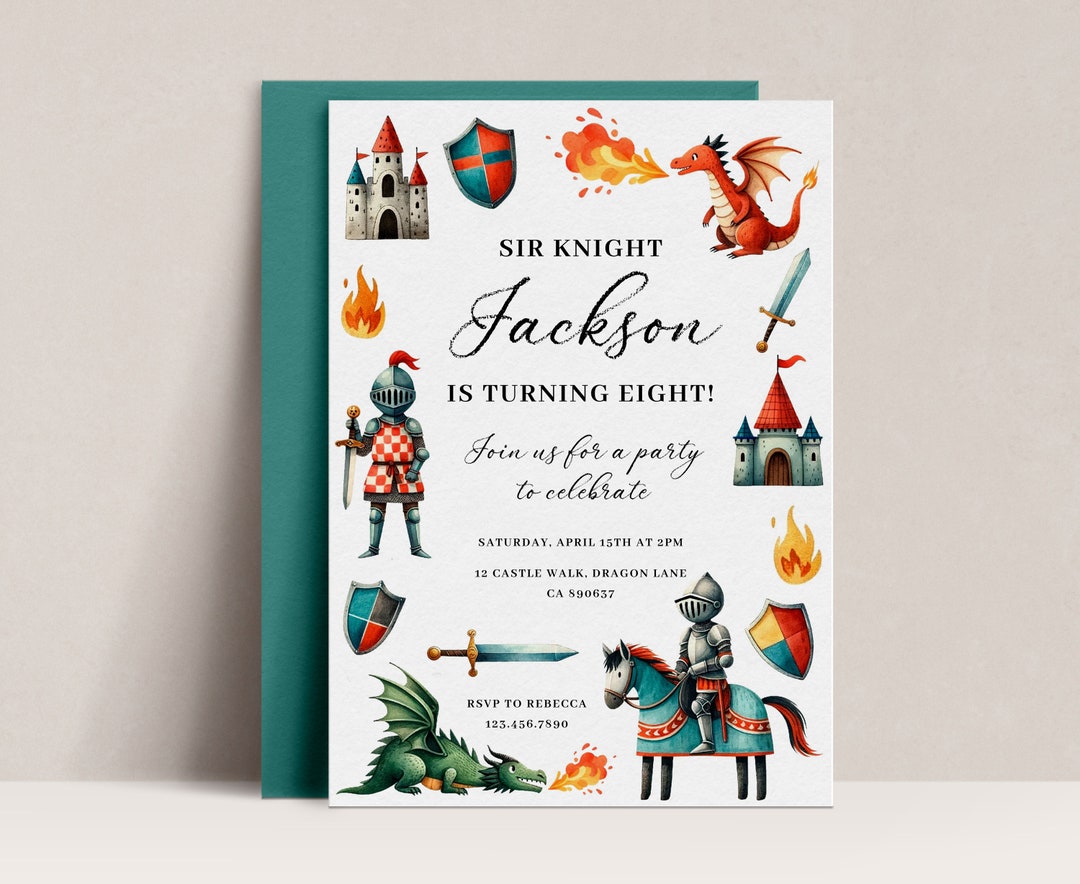 Knights and Dragons Birthday Invitation, Dragon Party Invitation ...