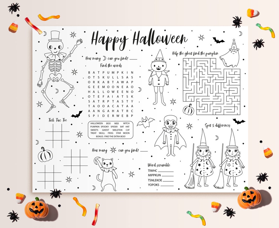 Halloween Kids Activity Placemat Halloween Coloring Page - Etsy