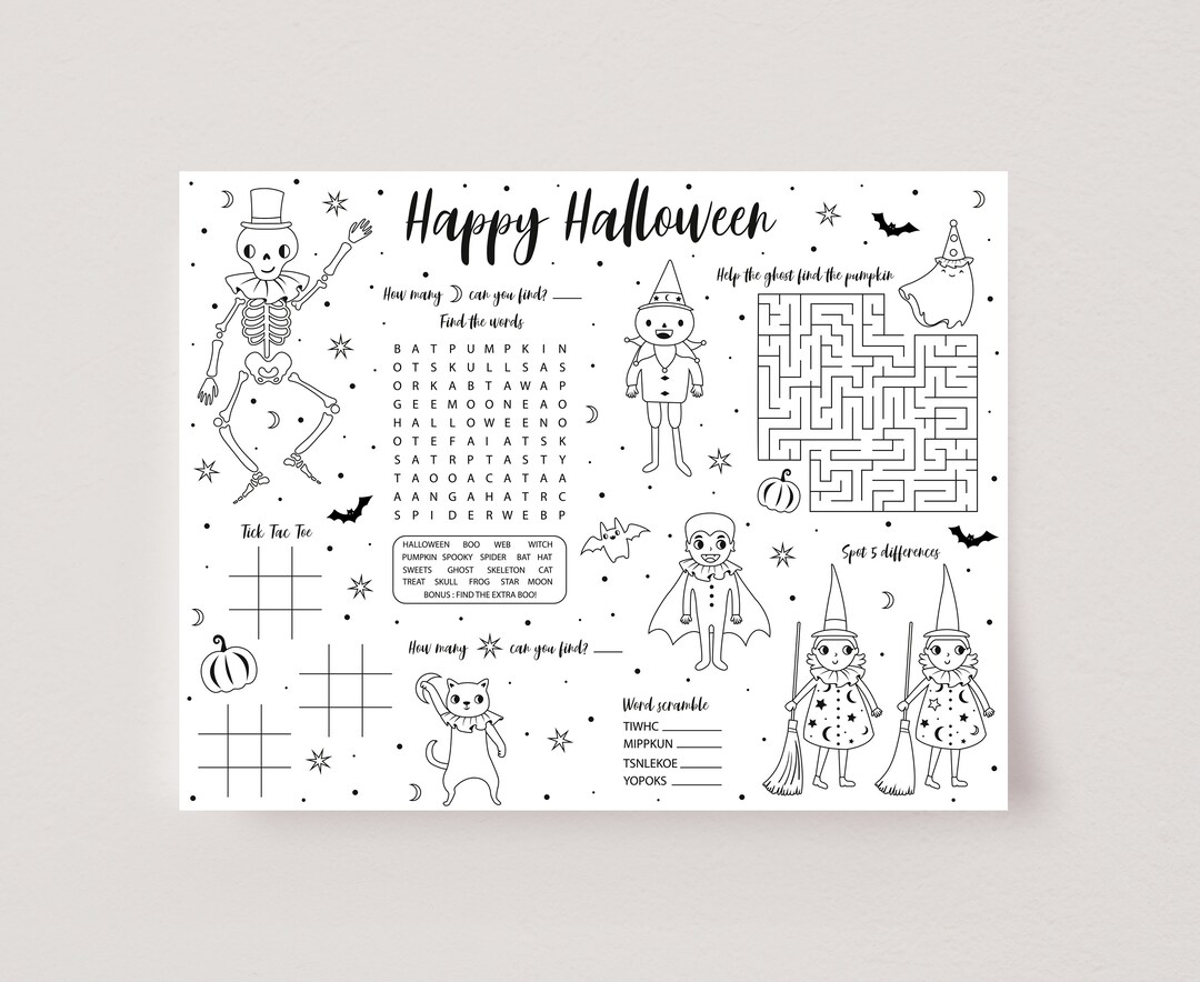 Halloween Kids Activity Placemat, Halloween Coloring Page, Halloween ...