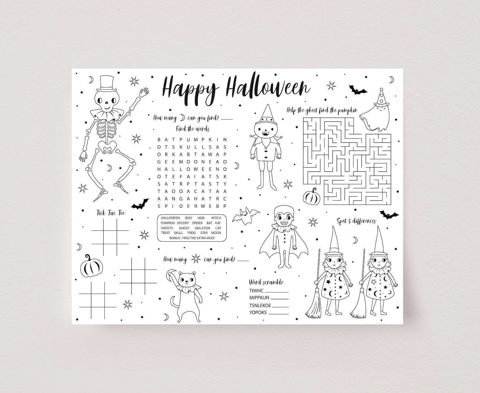 Halloween Kids Activity Placemat, Coloring Page, Party Game (PDF, JPEG ...