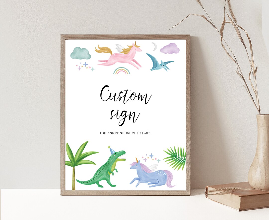 Unicorn and Dinosaur Birthday Sign, Party Favor Sign, Unicorn and ...