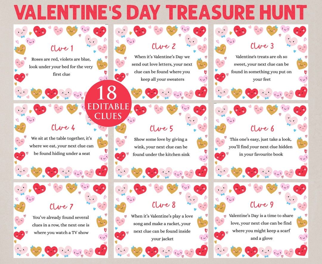 Editable Valentine's Day Treasure Hunt Clues, Valentine's Scavenger ...