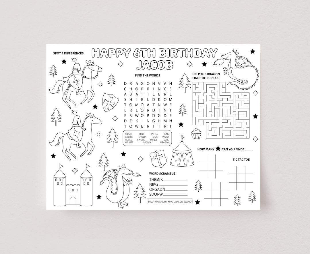 Knights and Dragons Activity Placemat, Knights Coloring Page, Printable ...