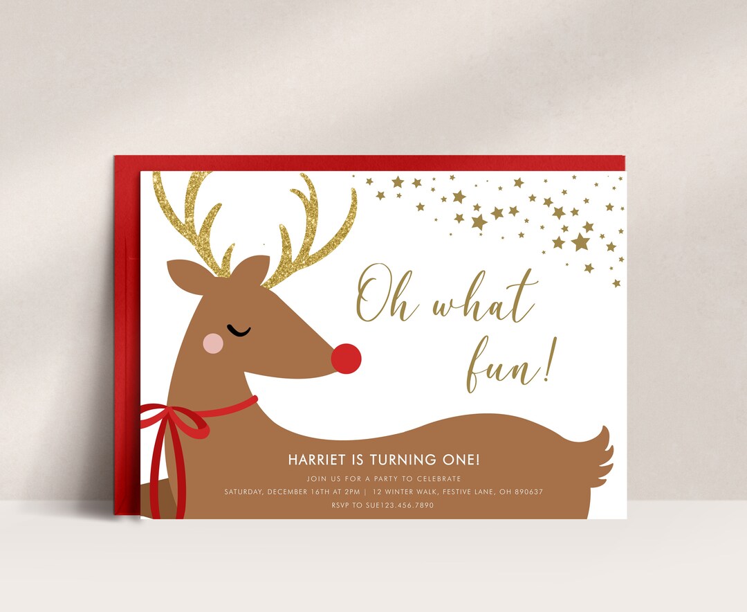 Reindeer Christmas Birthday Party Invitation, Editable Christmas ...