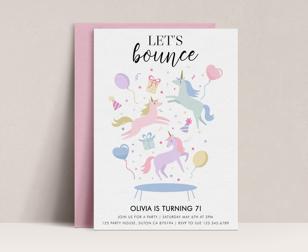 Unicorn Bounce Birthday Invitation, Editable Party Invite (5x7) - Etsy