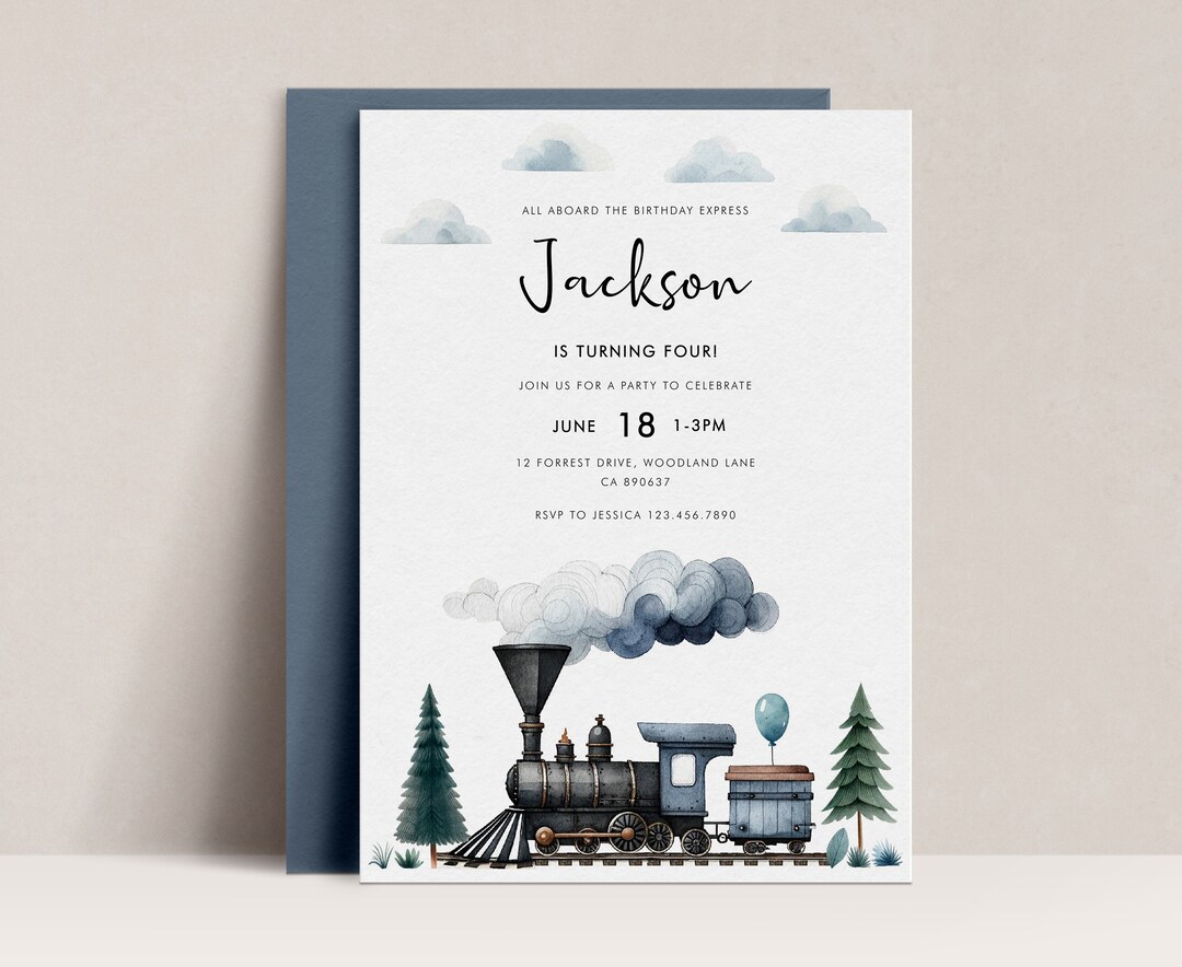 Train Invitation Template, Blue Train Birthday Invite, Modern Train ...
