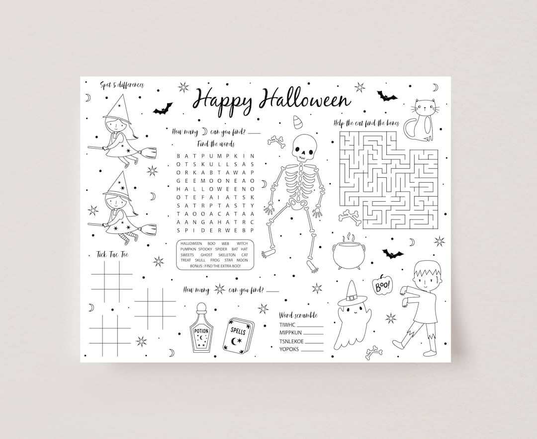Halloween Activity Page, Halloween Kids Activity Placemat, Printable ...