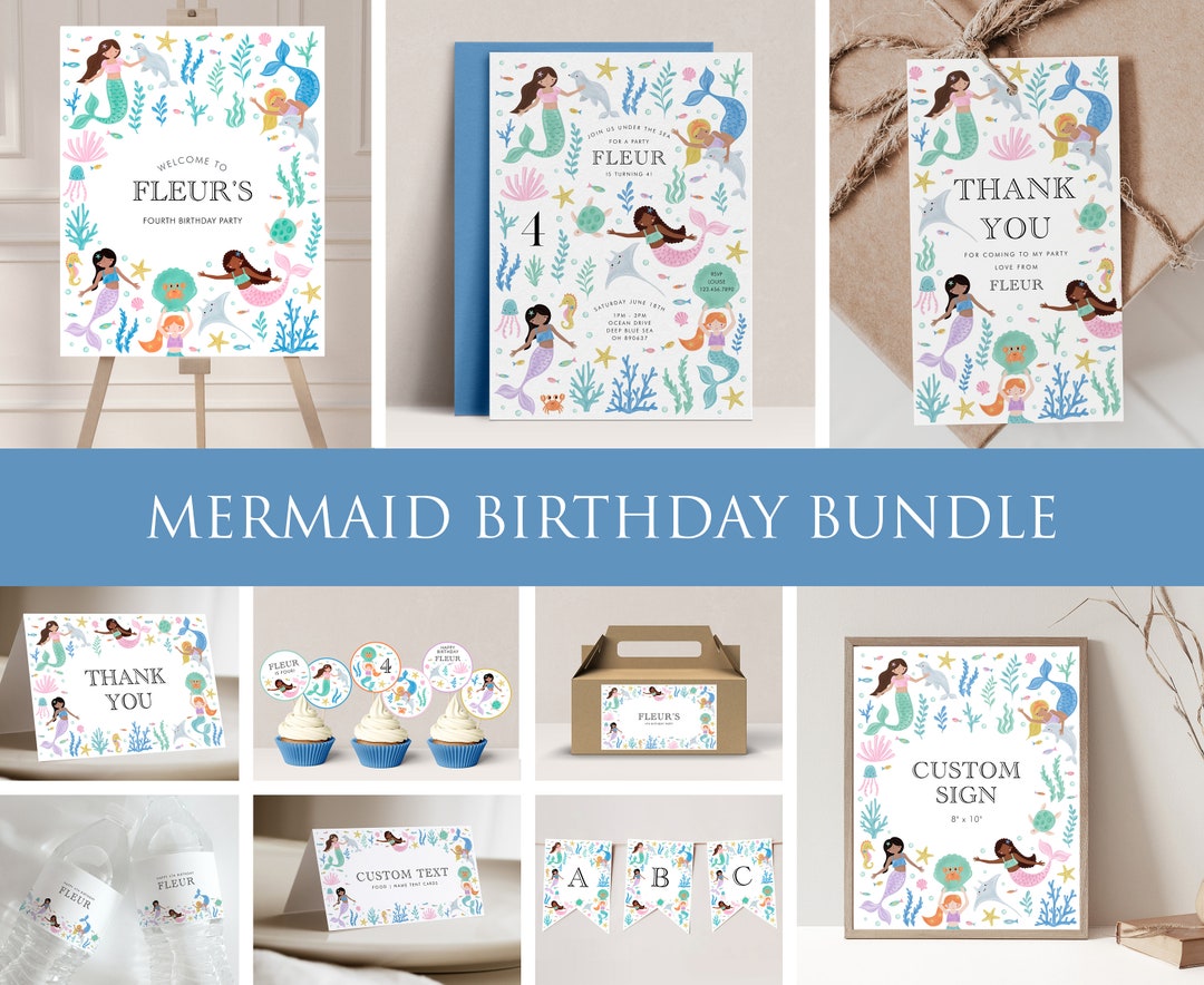 Mermaid Birthday Invitation Bundle Editable Mermaid Party Bundle ...