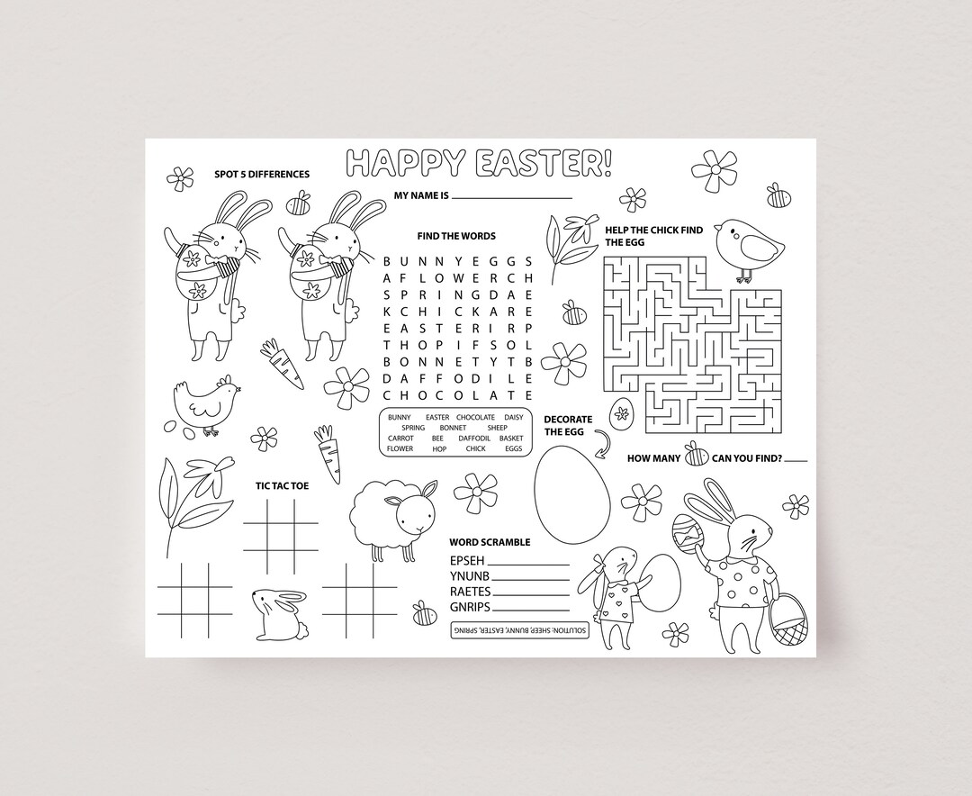 Easter Activity Placemat, Easter Coloring Page, Printable Easter Party ...
