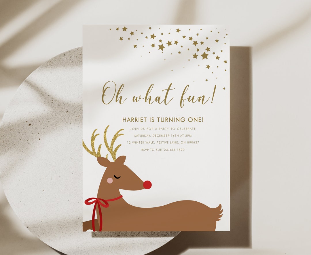 Reindeer Christmas Birthday Party Invitation, Editable Christmas ...