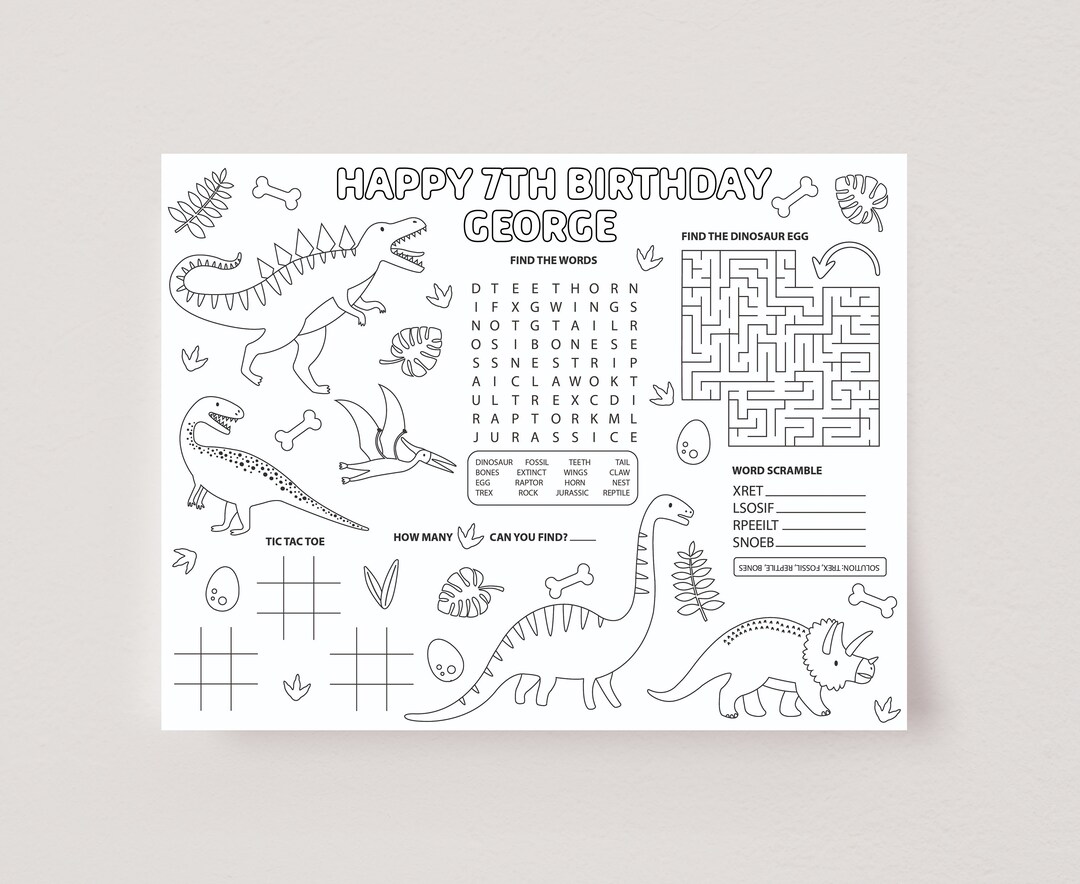 Dinosaur Activity Placemat, Dinosaur Coloring Page, Printable Dinosaur ...