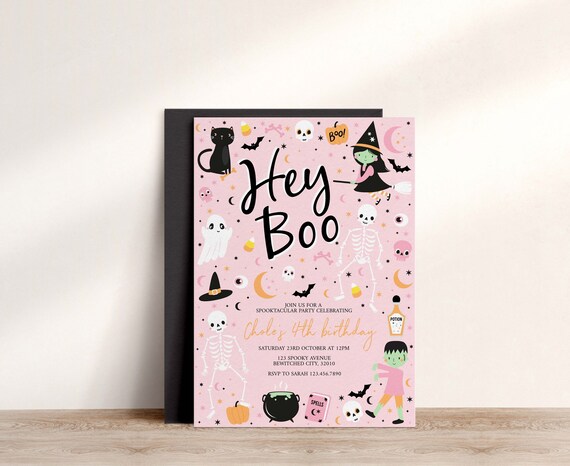 Editable Pink Halloween Birthday Invitation Hey Boo Ghost | Etsy