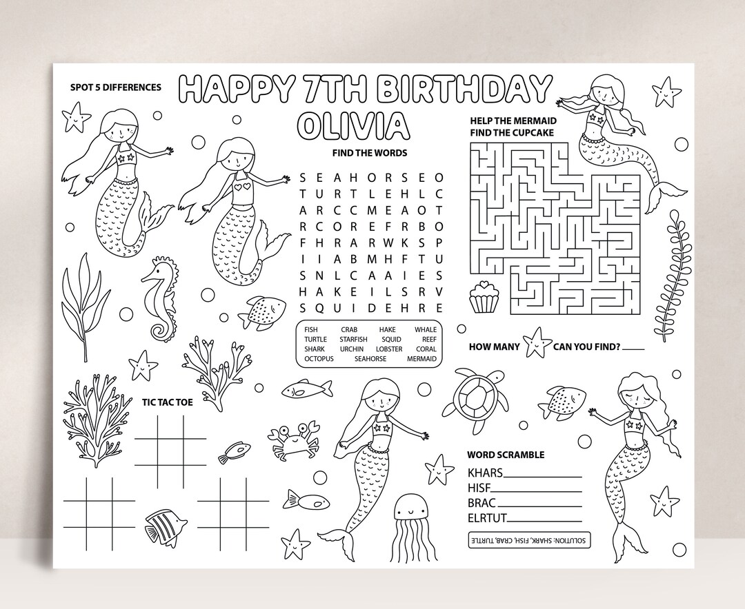 Mermaid Activity Placemat Mermaid Coloring Page Printable - Etsy