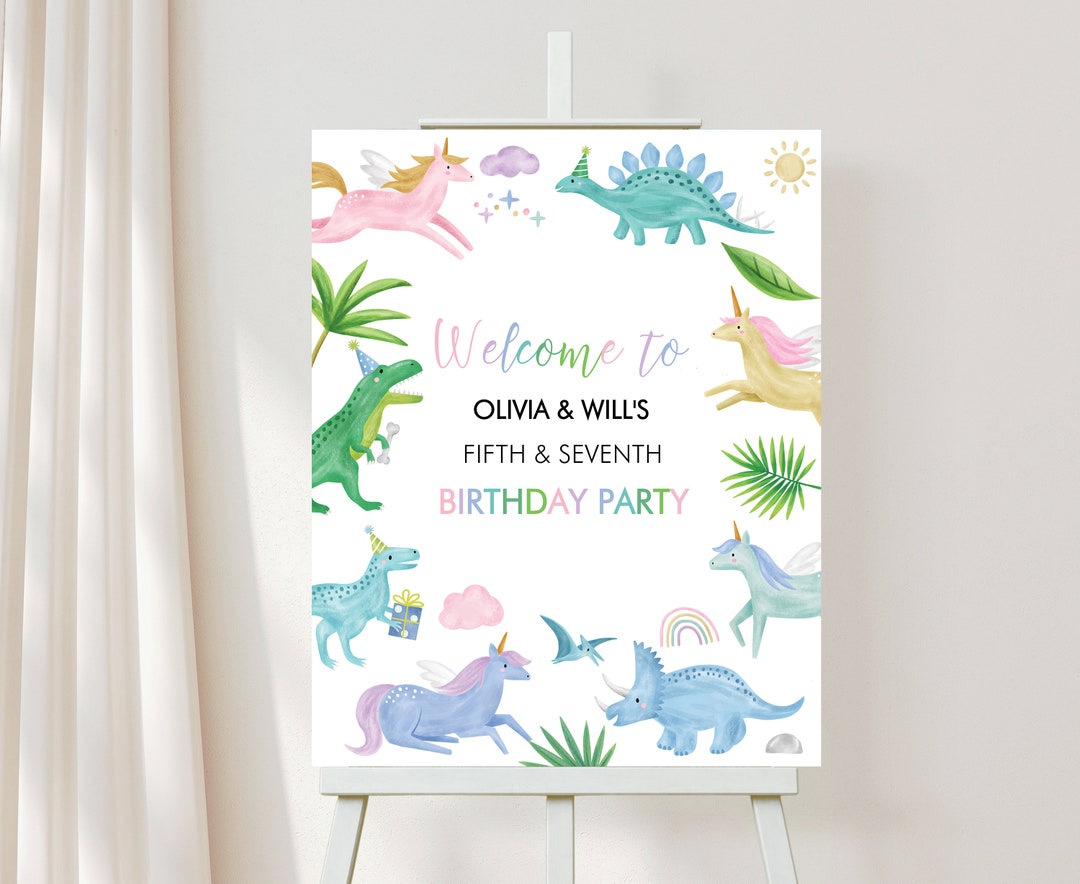 Unicorn and Dinosaur Birthday Welcome Sign, Unicorn and Dinosaur Party ...