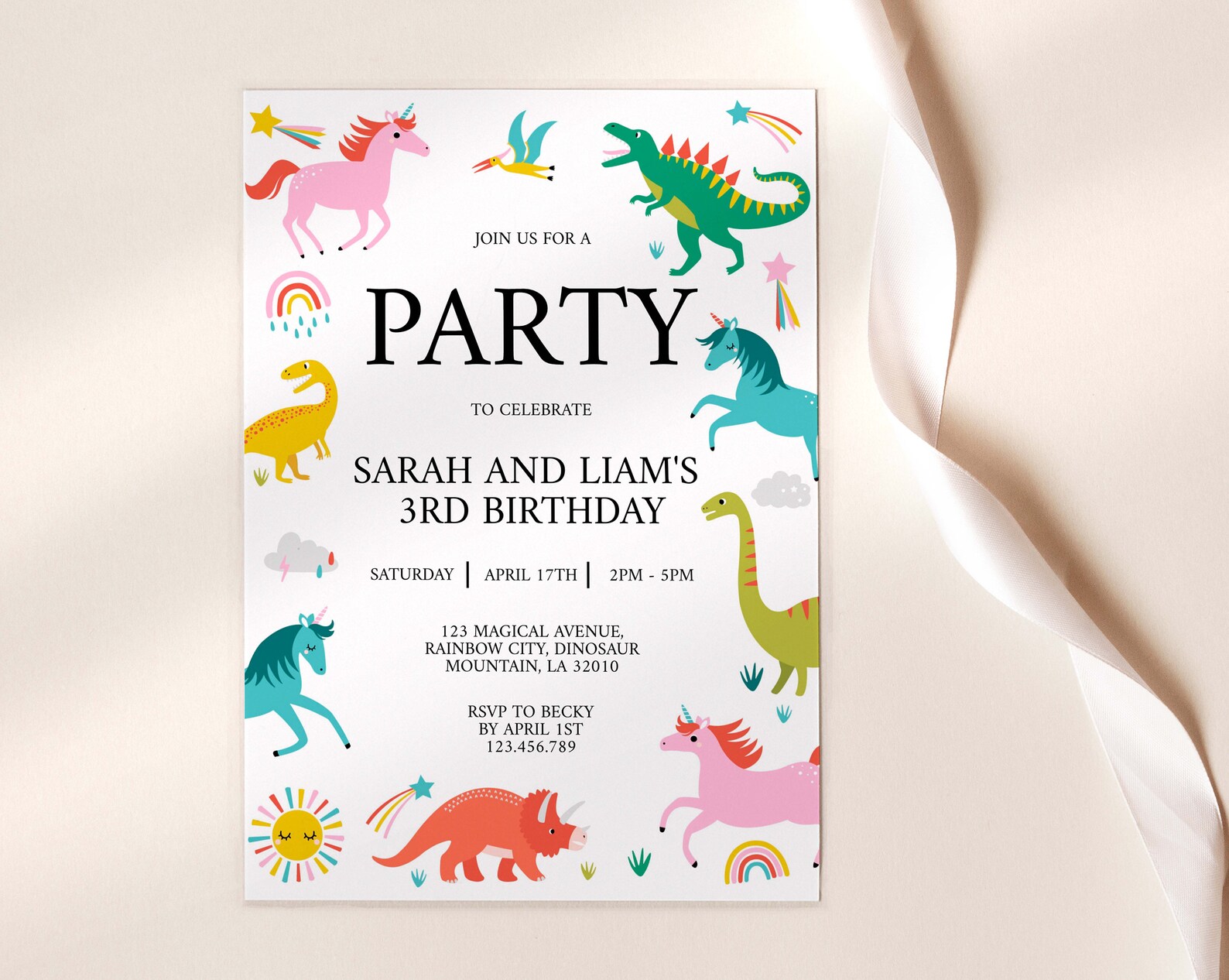 Unicorn and Dinosaur Party Invitation Dinosaur and Unicorn | Etsy