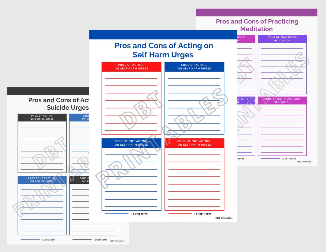 Pros and Cons Printable for Self Harm Urges Suicide and Meditation ...