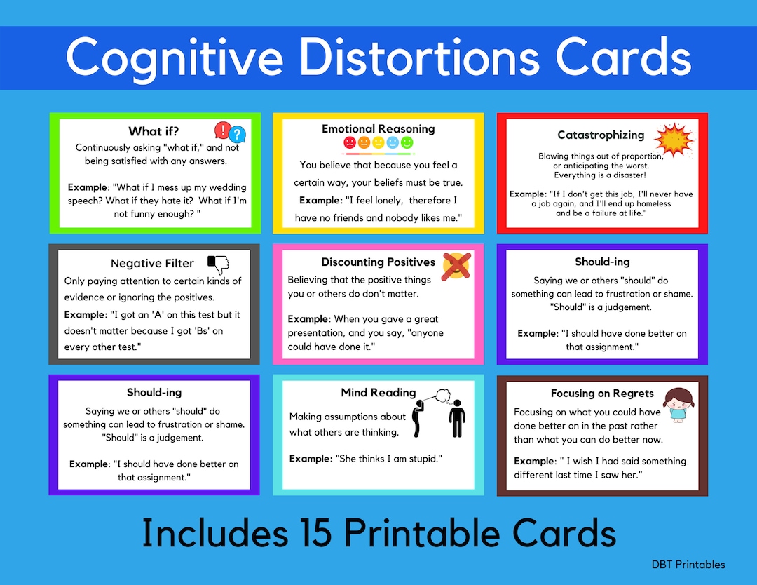 Cognitive Distortions Flash Cards | Printable Negative Thoughts Cards ...