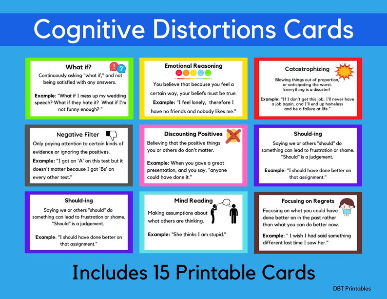 Cognitive Distortions Flash Cards | Printable Negative Thoughts Cards ...