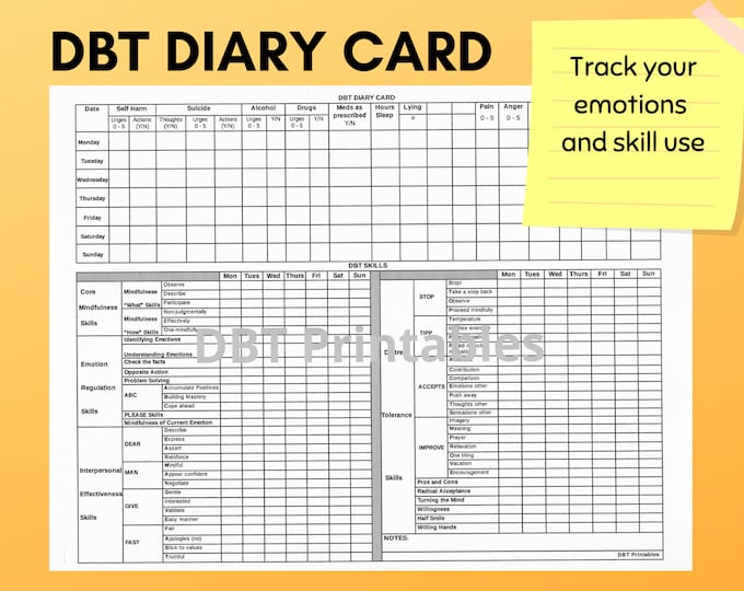 DBT Diary Cards Diary Card Worksheet & DBT Skills Tracker Printable ...