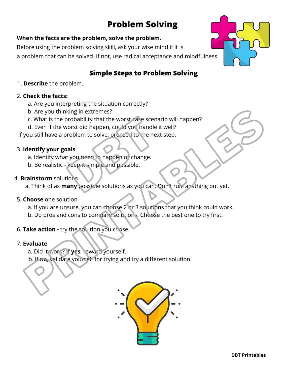 DBT Problem Solving Worksheet | Coping Skill for Stressful Situations ...