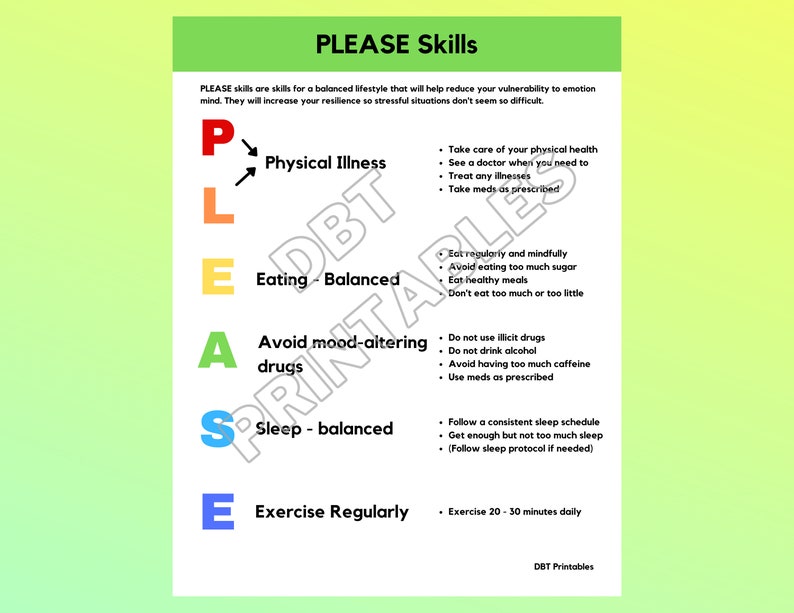 PLEASE Skills DBT Poster and Tracker, Sleep Hygiene Handout - Etsy