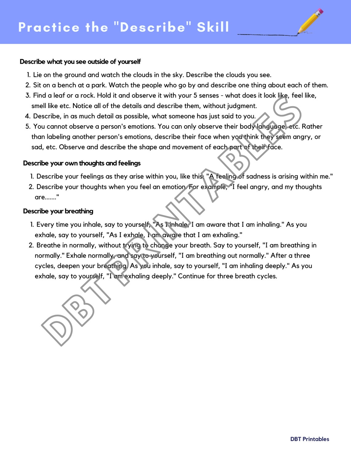 DBT Describe Skill Printable - Etsy