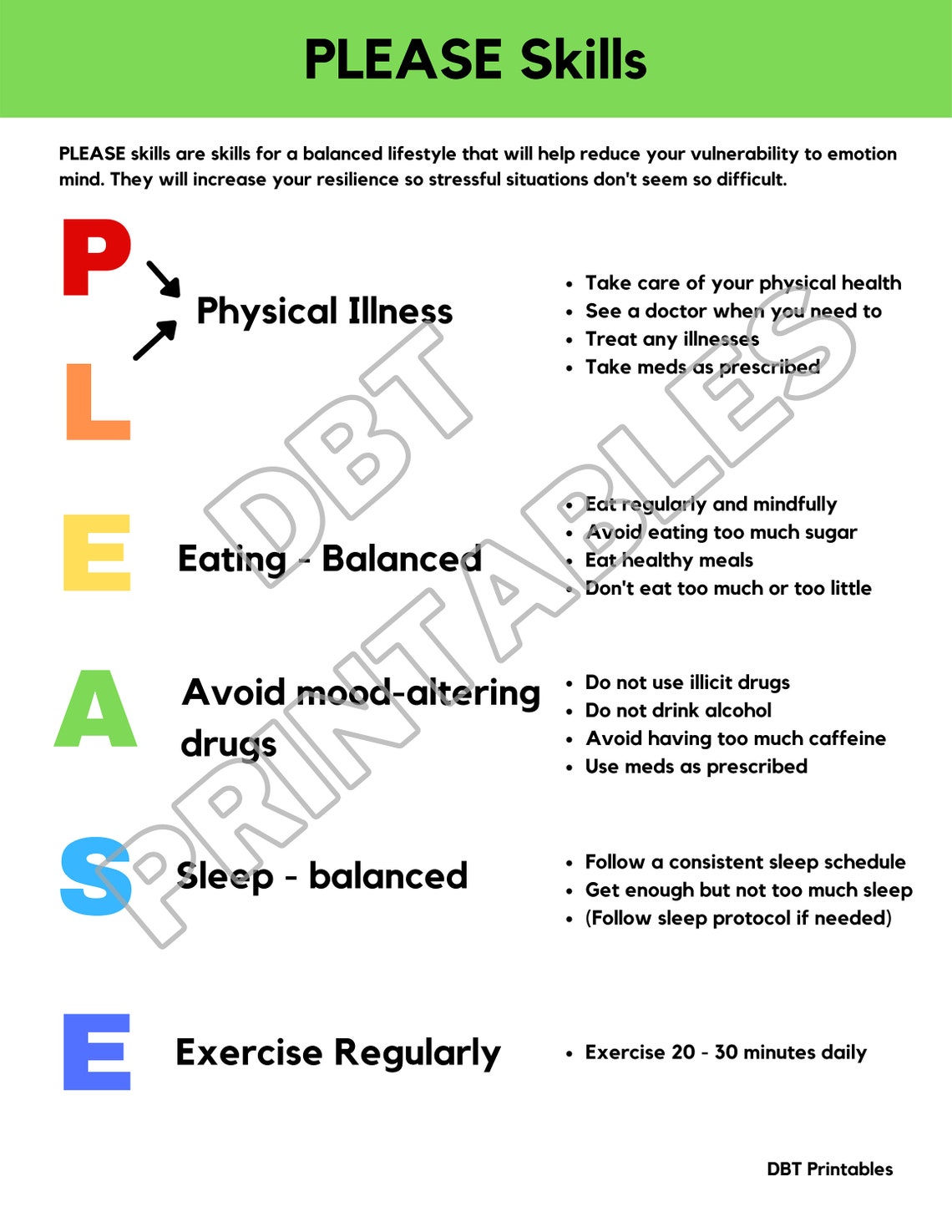 PLEASE Skills DBT Poster and Tracker, Sleep Hygiene Handout - Etsy