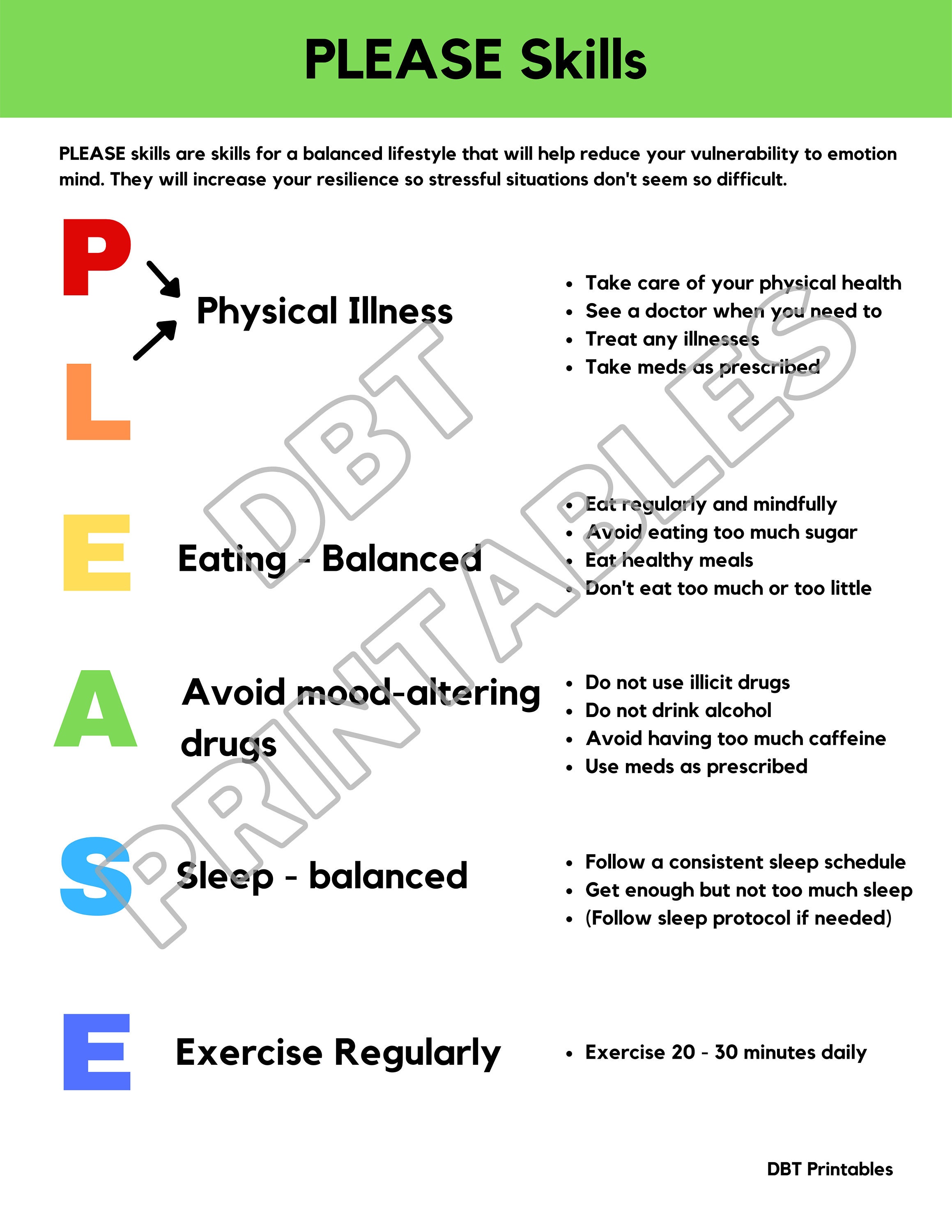 PLEASE Skills DBT Poster and Tracker Sleep Hygiene Handout - Etsy España