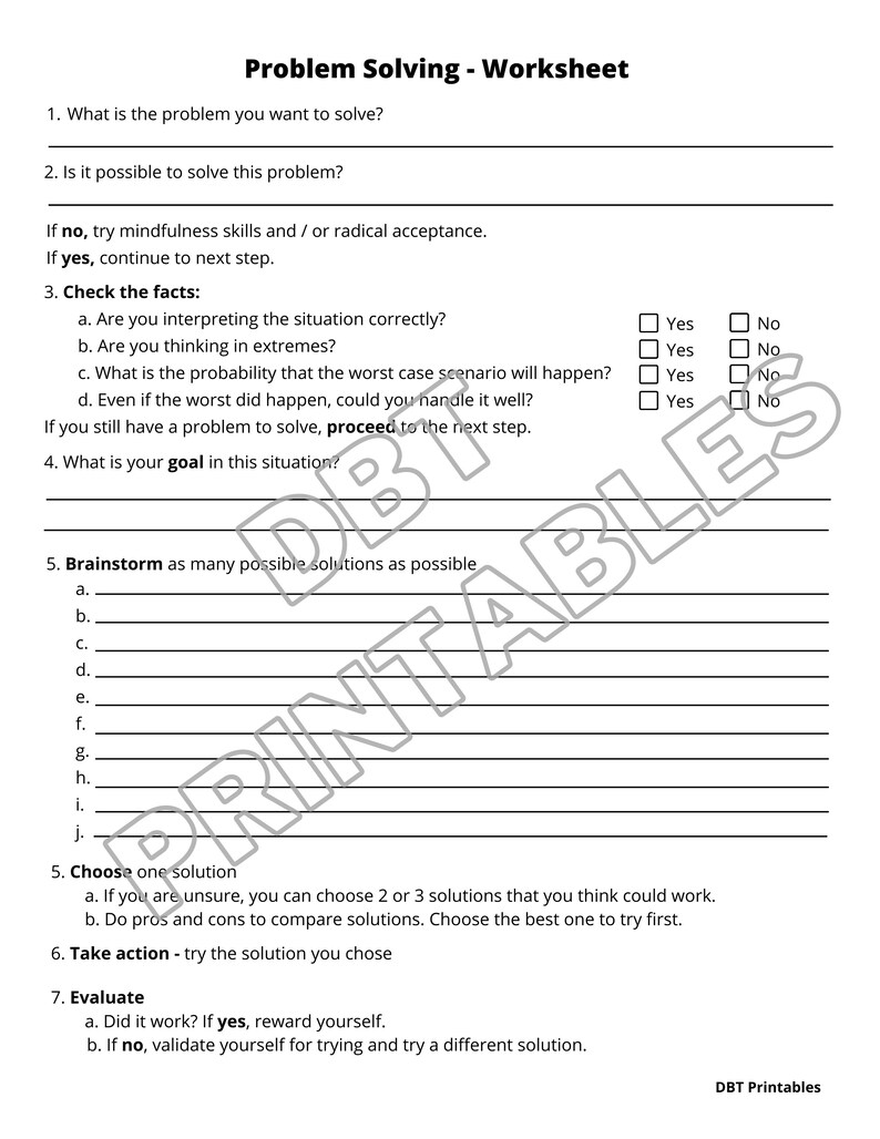 DBT Problem Solving Worksheet | Coping Skill for Stressful Situations ...