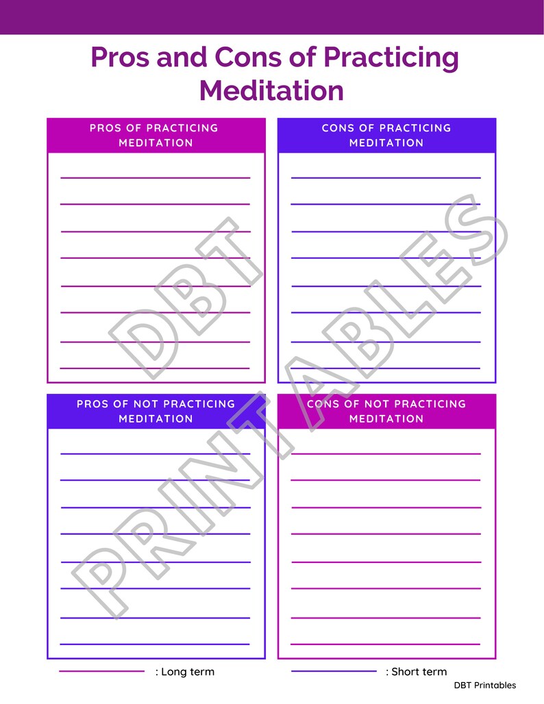 Pros and Cons Printable for Self Harm Urges Suicide and Meditation DBT ...