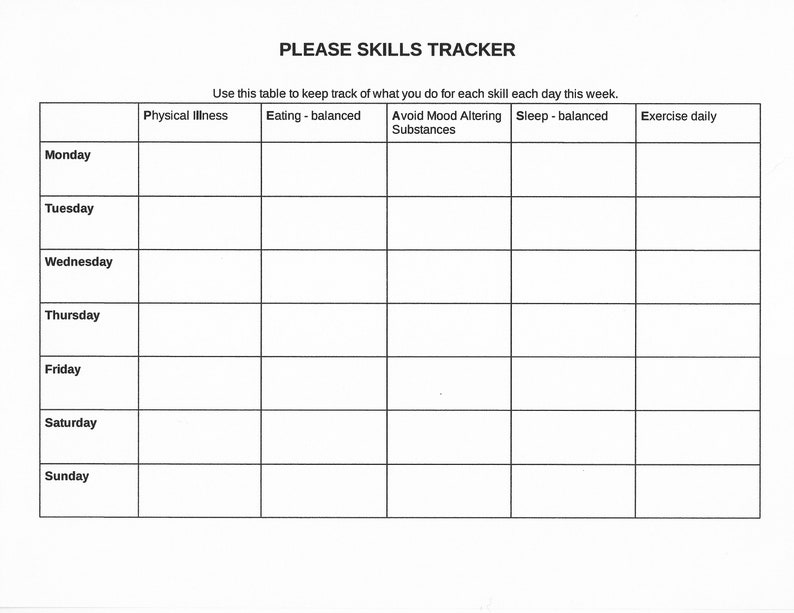 PLEASE Skills DBT Poster and Tracker, Sleep Hygiene Handout - Etsy
