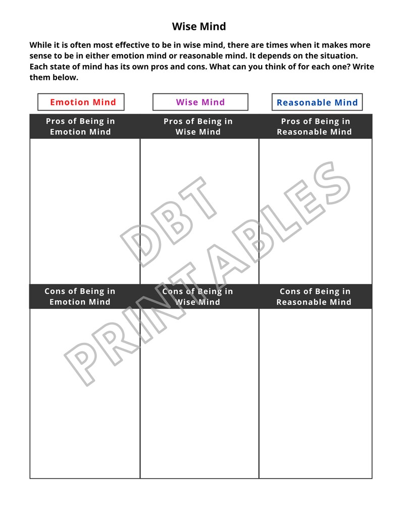 Wise Mind Worksheet and Handout | DBT Mindfulness Exercises Handout - Etsy