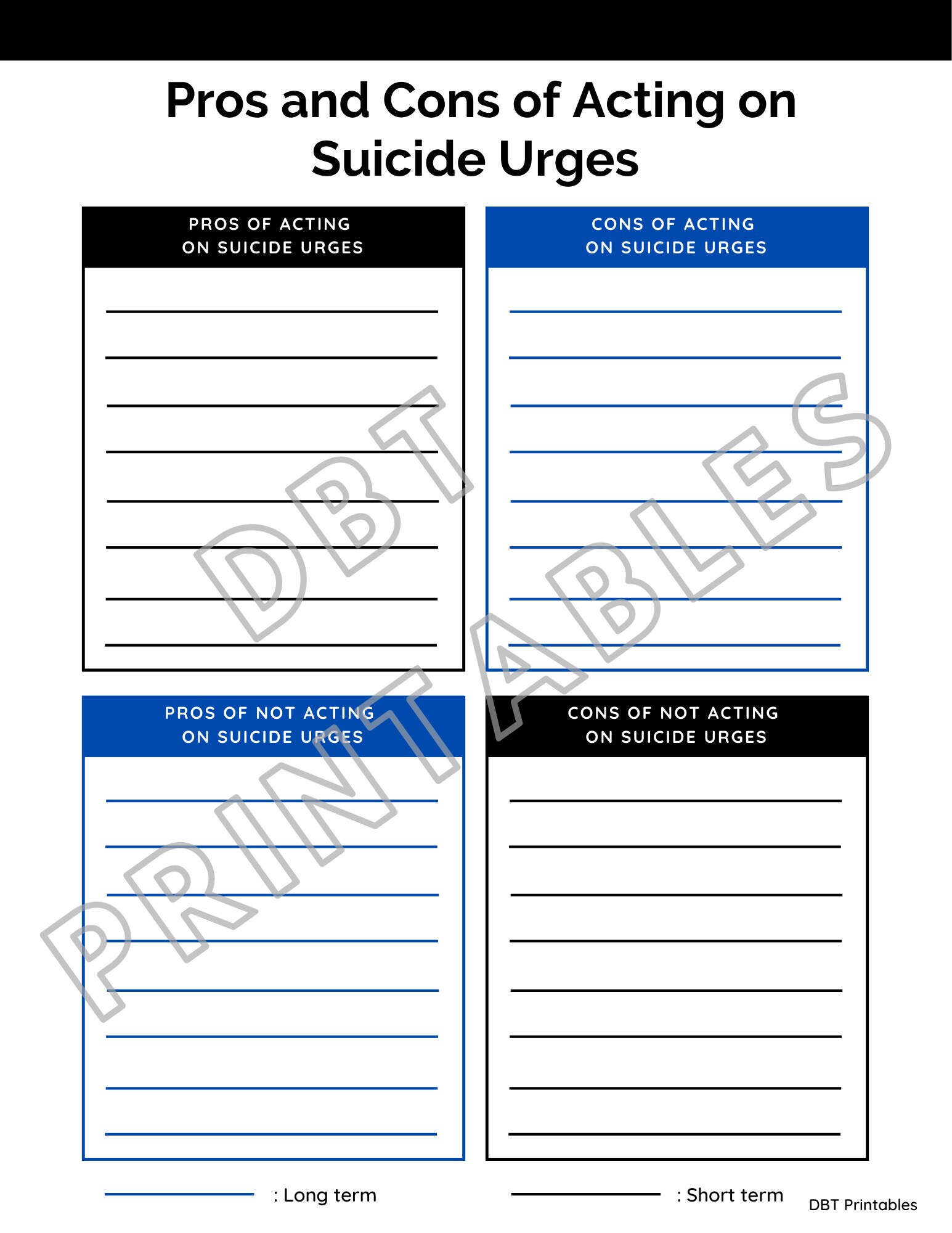 Pros and Cons Printable for Self Harm Urges Suicide and Meditation DBT ...