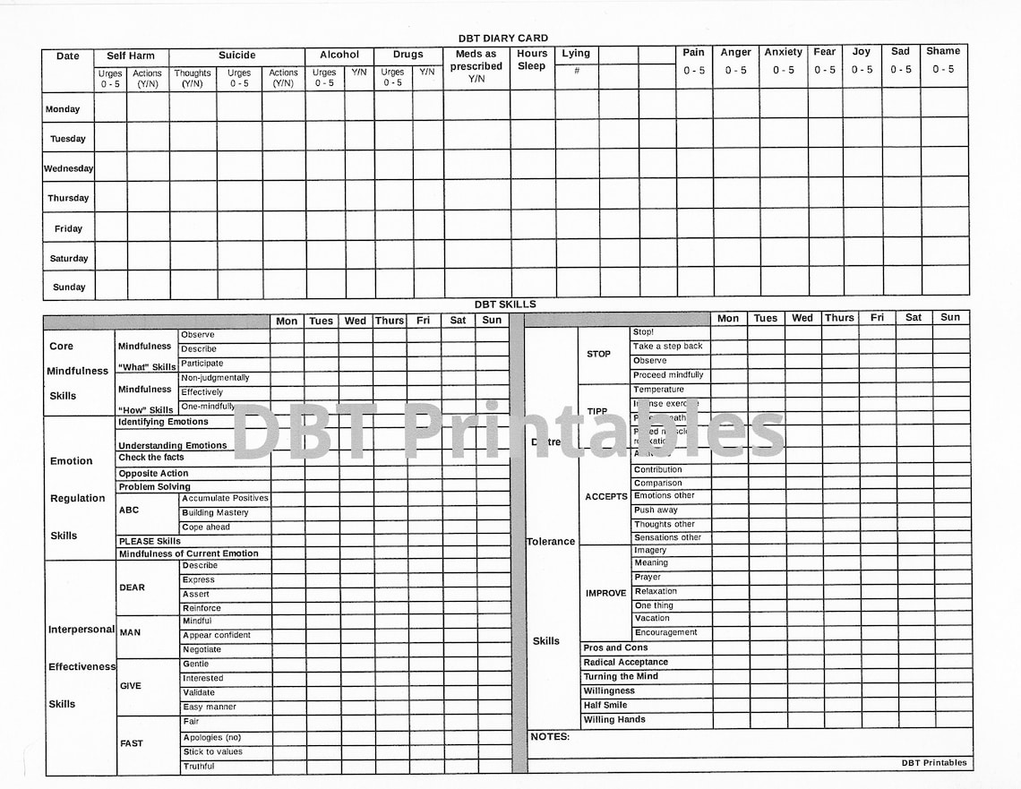 DBT Diary Card | Printable BPD Skills Tracker | Dialectical Behavior ...