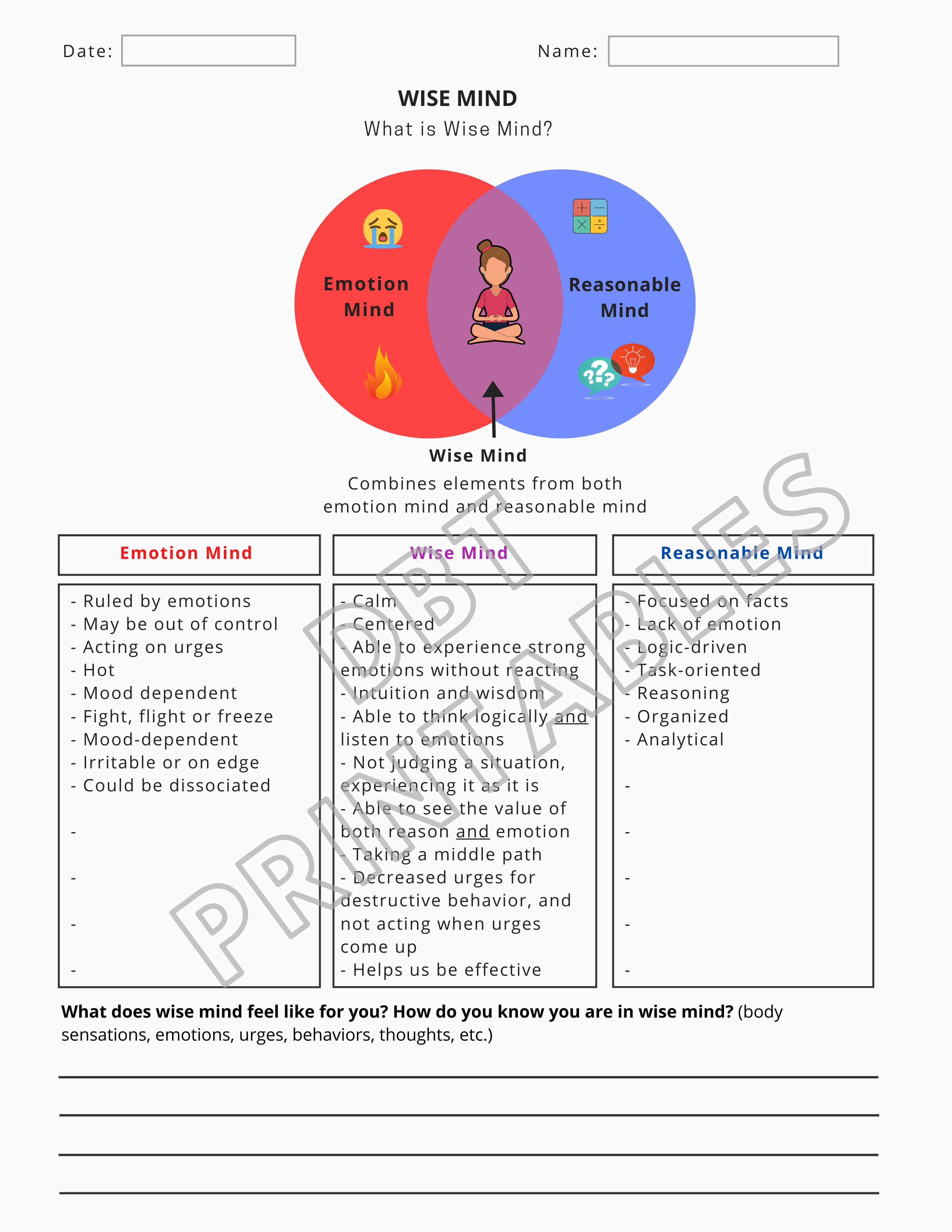 Wise Mind Worksheet and Handout | DBT Mindfulness Exercises Handout ...