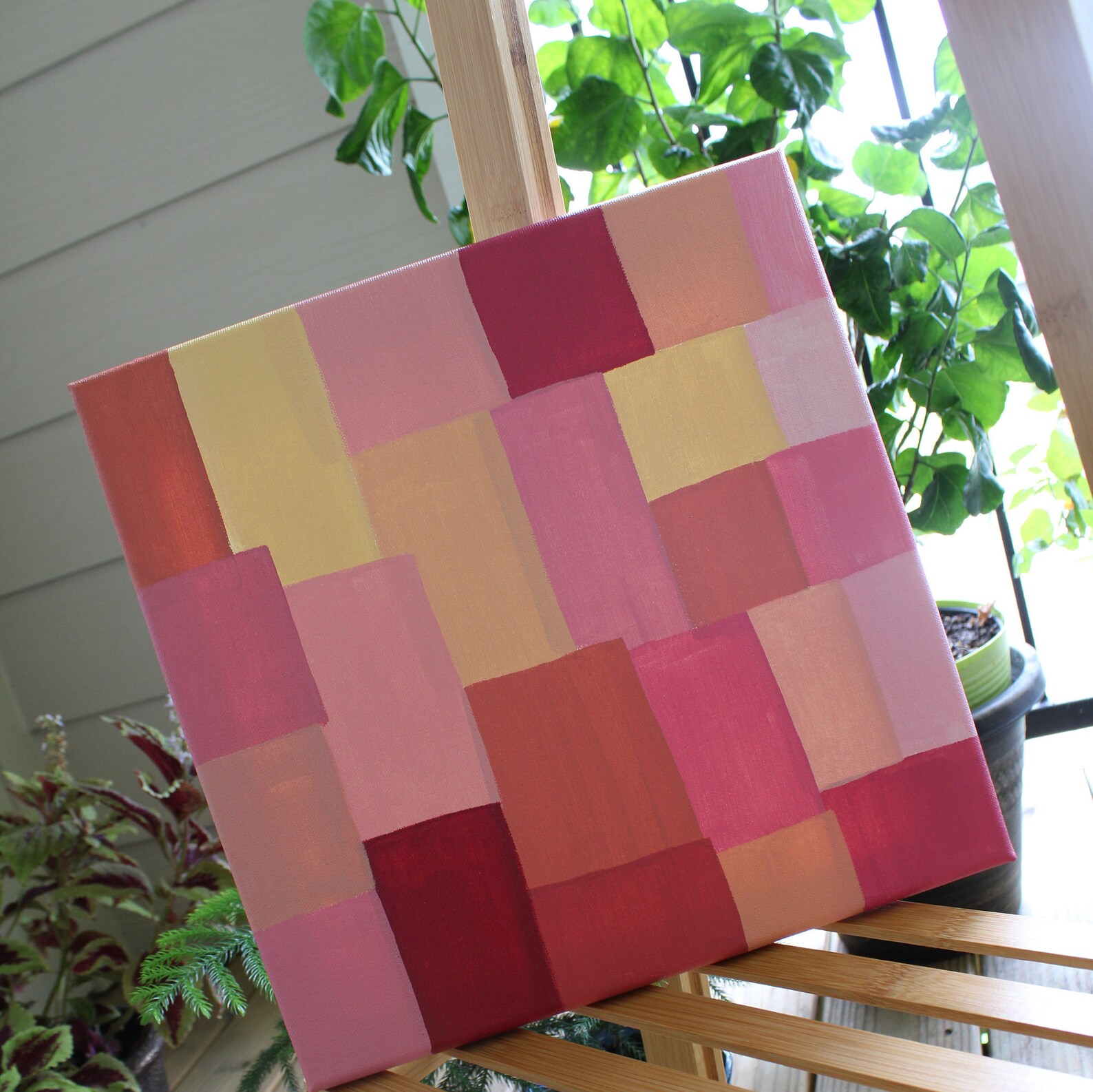 12 X 12 Canvas Abstract Modern Hand Painted Art Ready to Hang Painting Pink Orange and Yellow ...