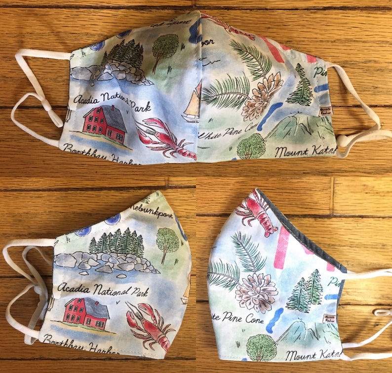 Maine Face Mask, Scenic Map, Cotton, Reversible, Breathable, Adjustable ...