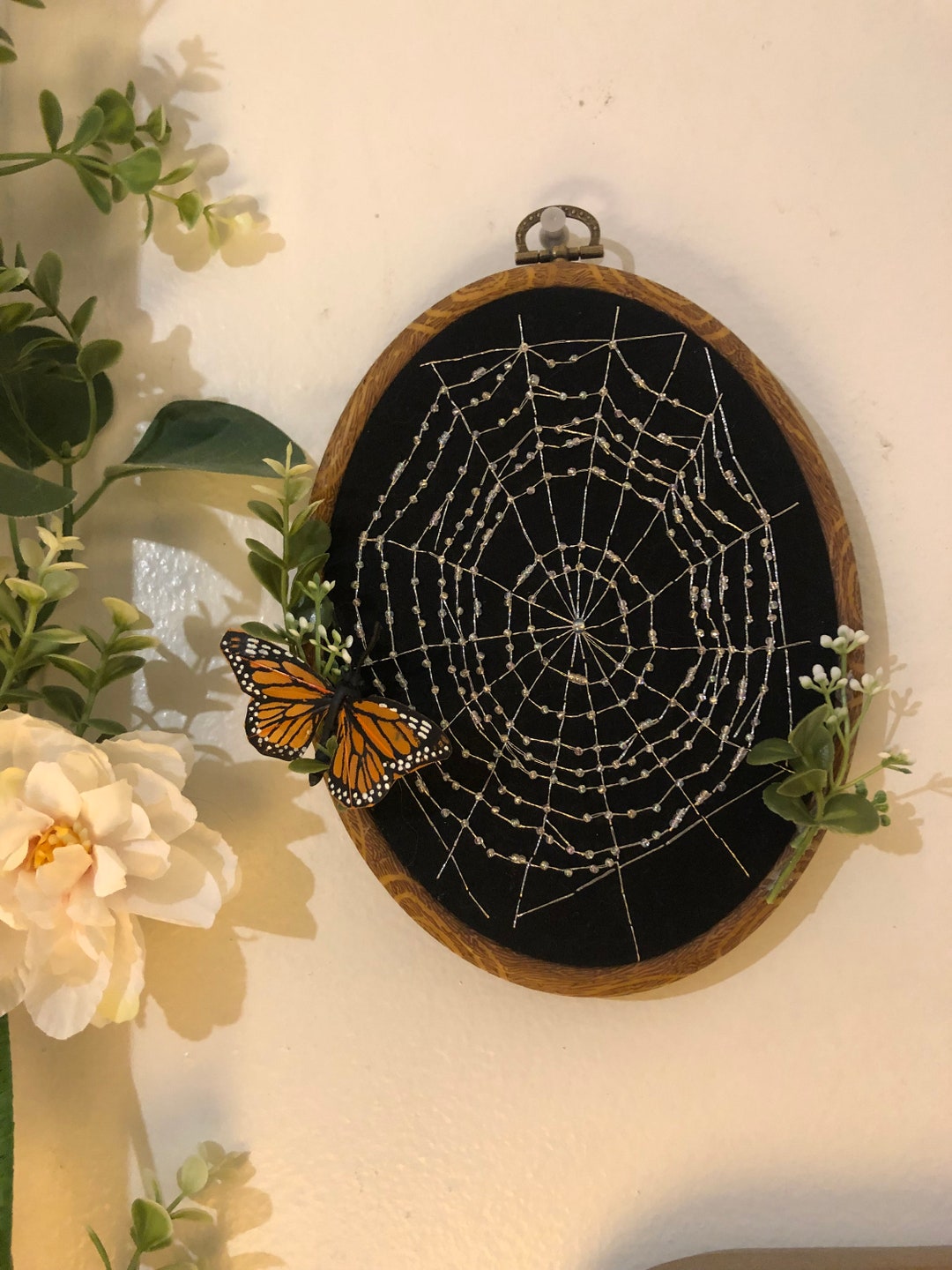 Spider Web Wall Decor With Crystal Dew Drops Framed, Hand Embroidered ...