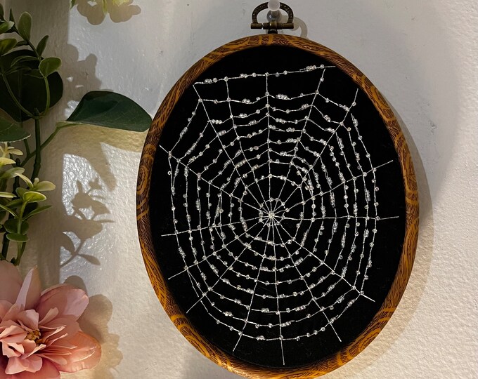 Spider Web Wall Decor With Crystal Dew Drops Framed, Hand Embroidered ...