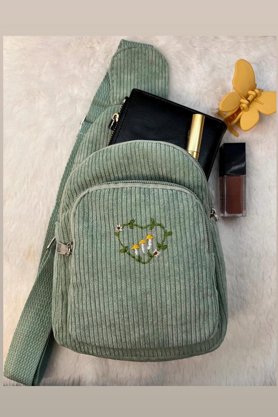 Corduroy Crossbody Cottage Core Mushroom and Flower Bag, Hand ...