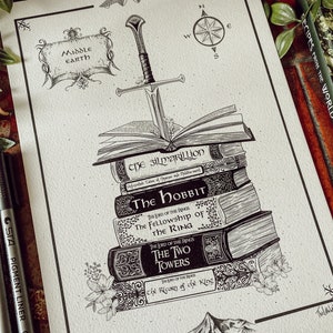 Tolkien Inspired Hand Drawn Book Stack Illustration Print // Lotr ...