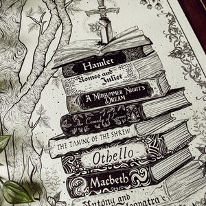 Shakespeare Inspired Hand Drawn Book Stack Print / Macbeth / Romeo and ...