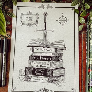 Tolkien Inspired Hand Drawn Book Stack Illustration Print // Lotr ...
