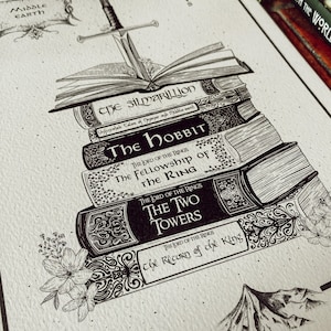 Tolkien Inspired Hand Drawn Book Stack Illustration Print // Lotr ...