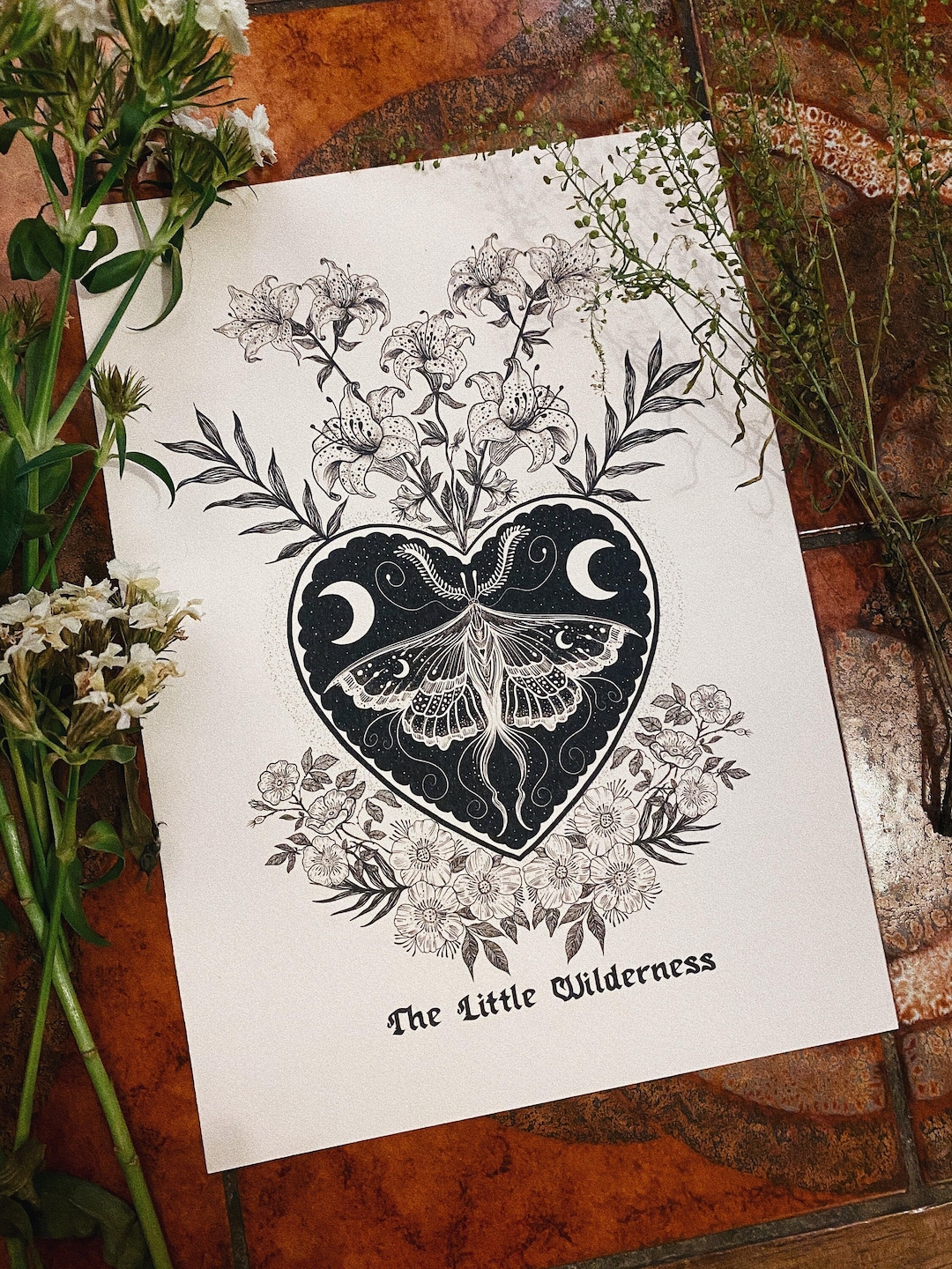 Heart of Flowers Moon Moth Dot Work Print, Vintage Style Tattoo ...