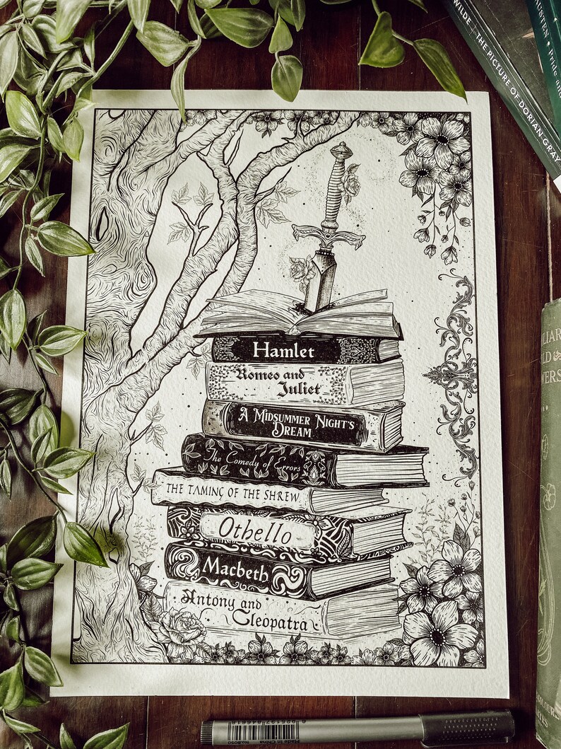 Shakespeare Inspired Hand Drawn Book Stack Print / Macbeth / Romeo and ...