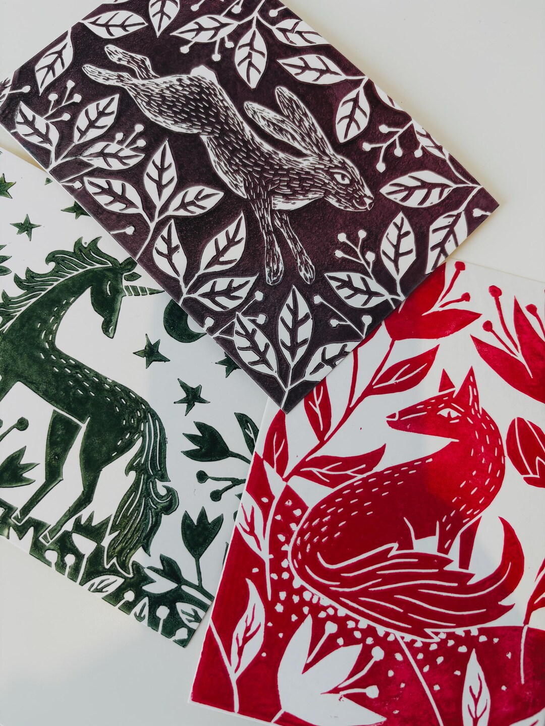 Set of 3 Art Postcards - Linocut With Animal Motifs - Etsy
