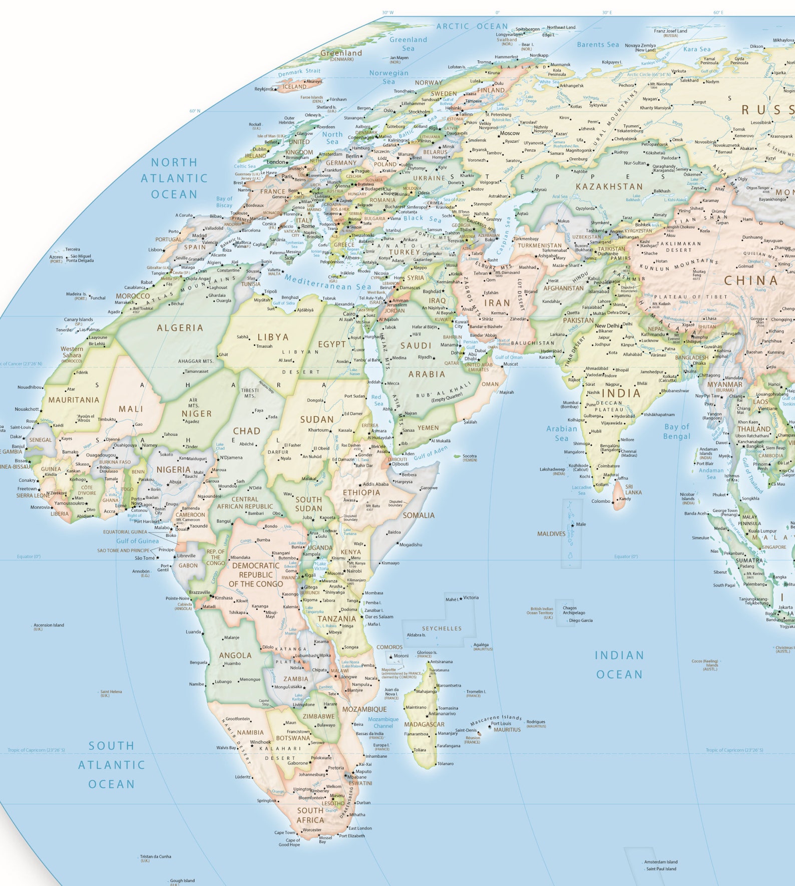 Pacific Centered World Map Print: Equal Area Projection, Detailed ...