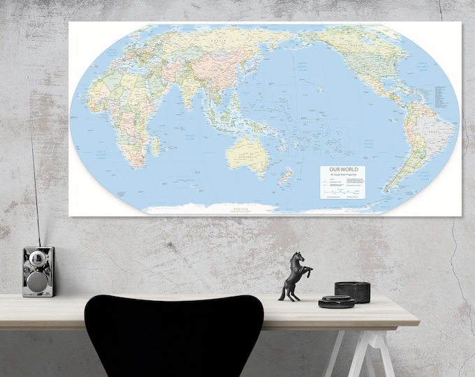 Pacific Centered World Map Print: Equal Area Projection, Detailed ...
