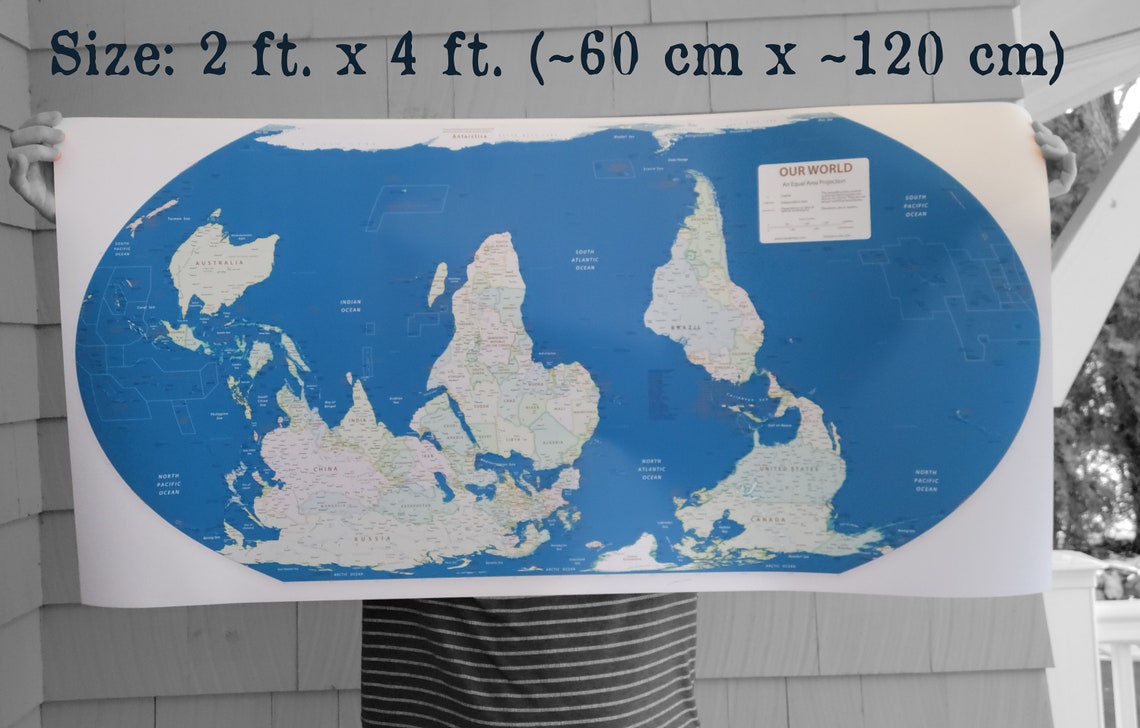 Upside Down World Map Equal Area Projection South is up - Etsy